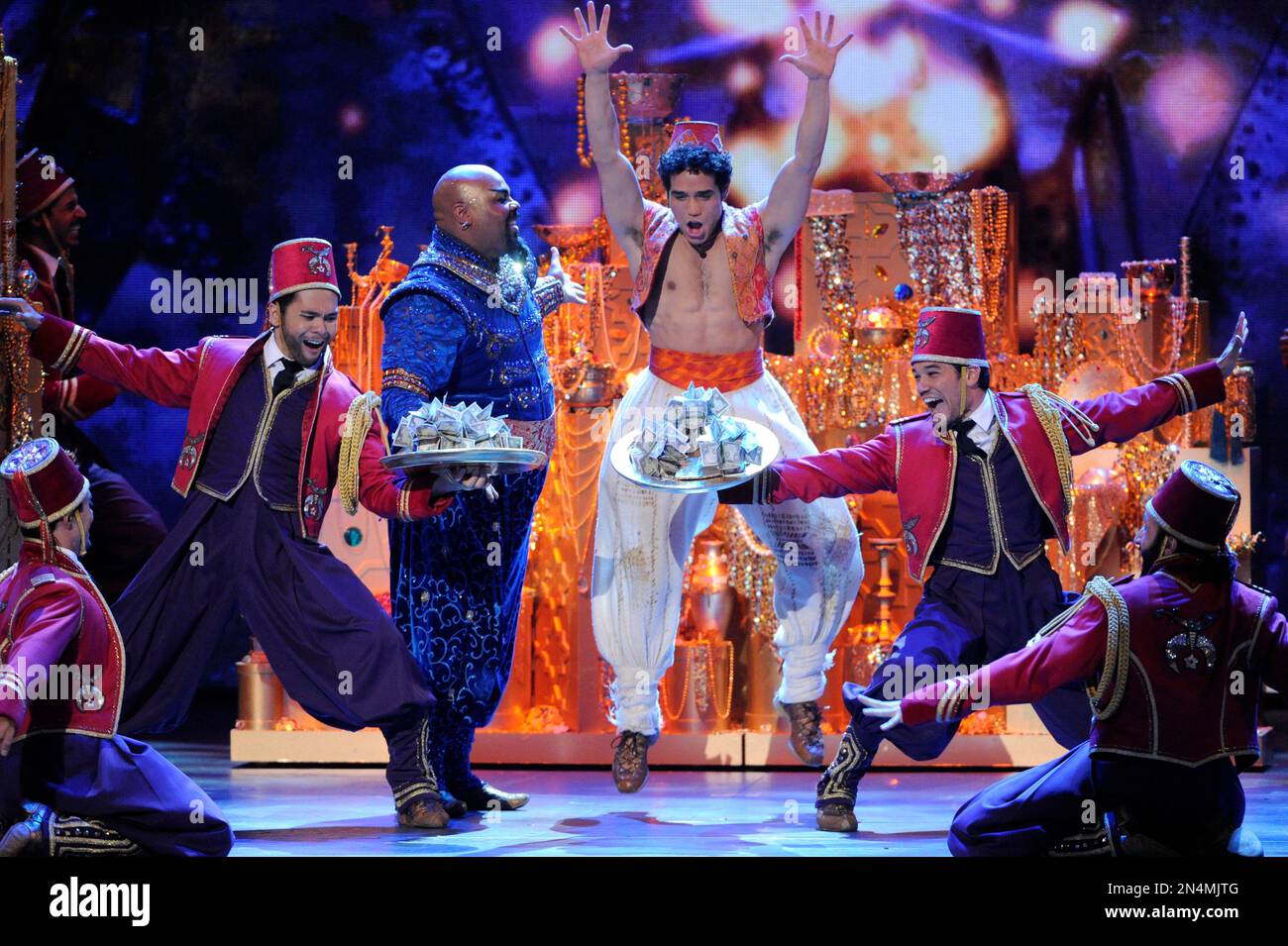 The cast of "Aladdin" performs onstage at the 68th annual Tony Awards ...