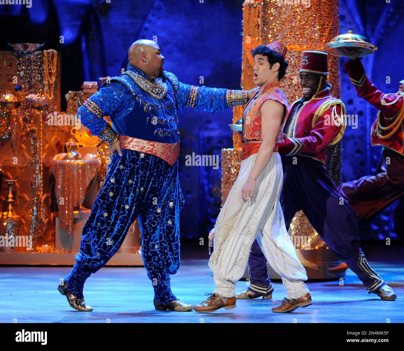 The cast of "Aladdin" performs onstage at the 68th annual Tony Awards ...