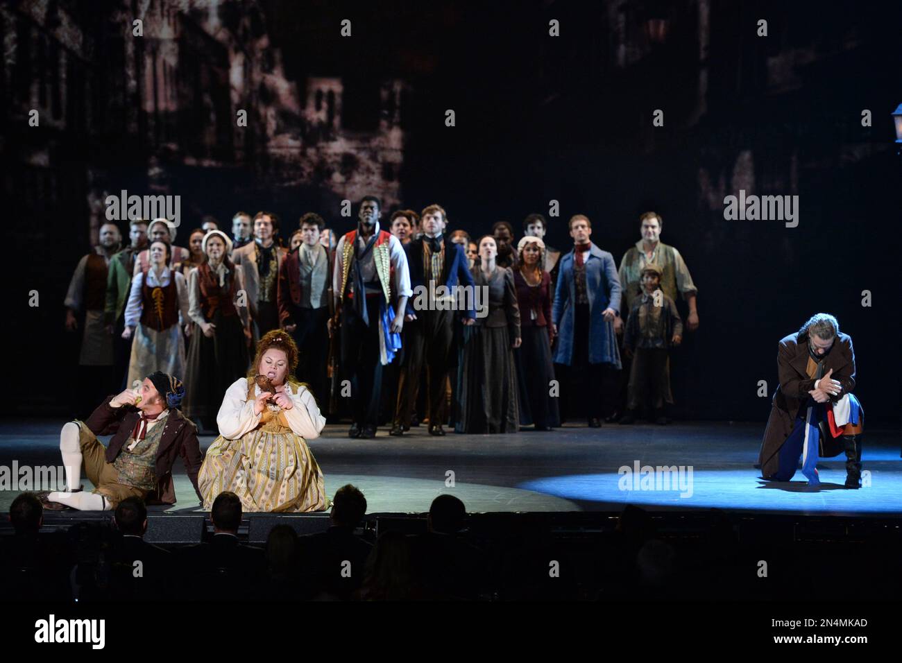 The cast of "Les Miserables" performs onstage at the 68th annual Tony ...