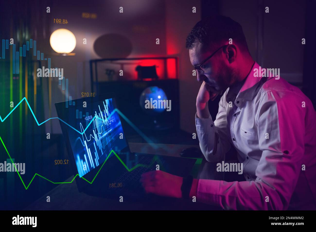 Laptop with abstract forex chart. Digital graph rising and falling, device display . Business ...