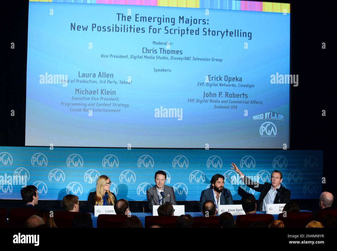 Laura Allen, and from left, Michael Klein, Erick Opeka and John P. Roberts speak on stage at the ...