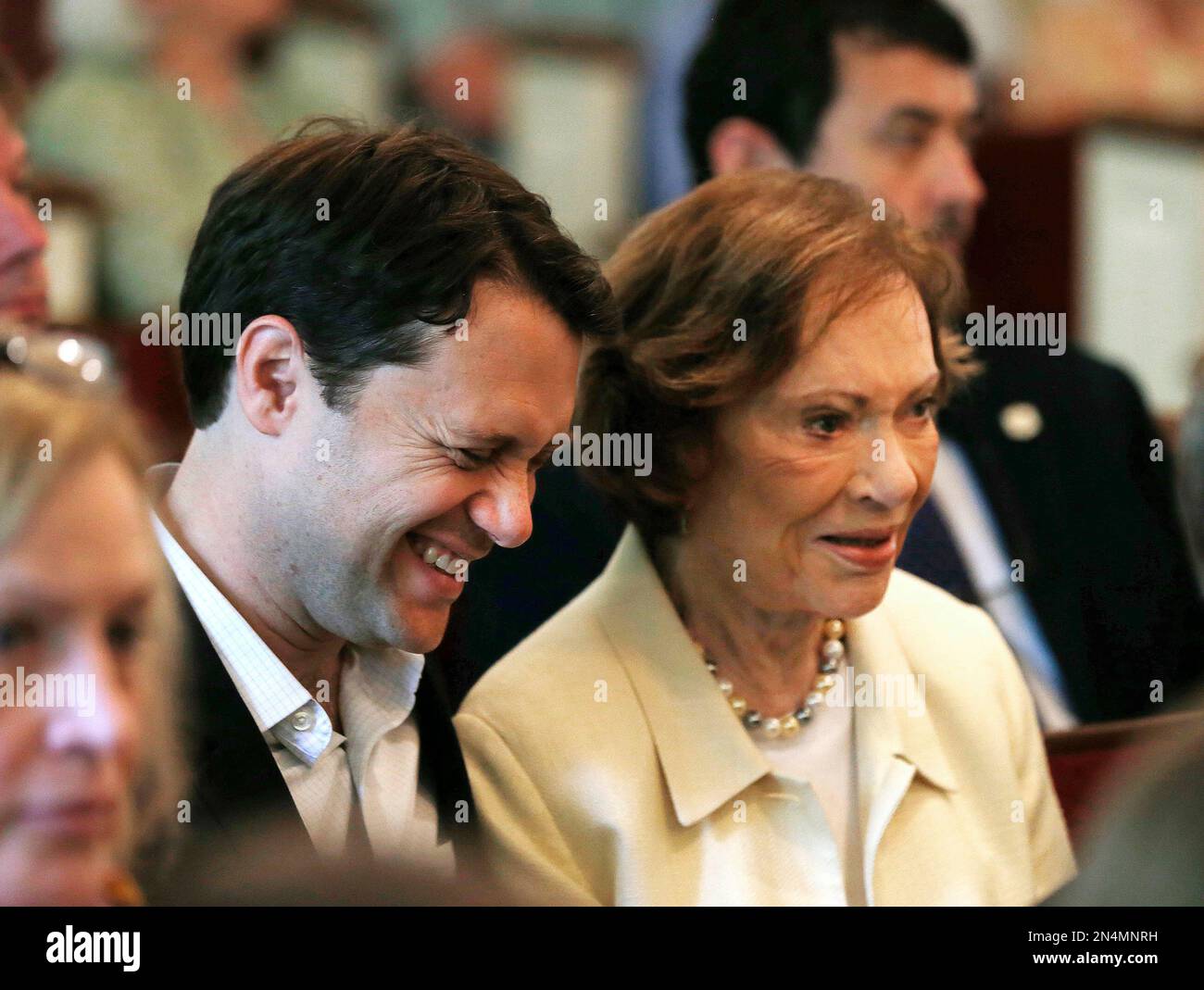 Georgia Democratic gubernatorial candidate Jason Carter sits with his ...