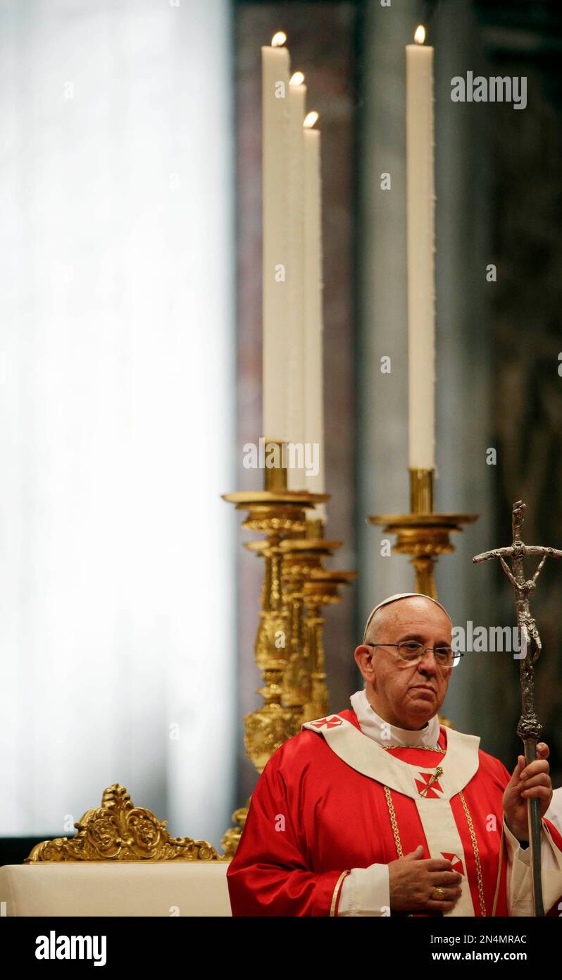 Pope Francis holds his pastoral staff as he celebrates a mass of ...