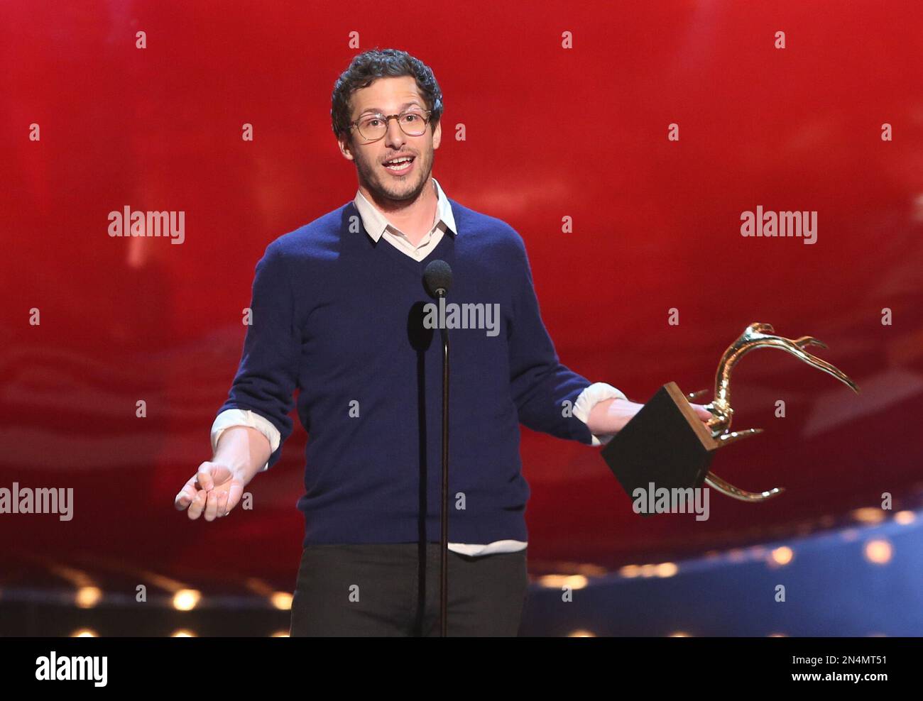Andy Samberg accepts the primetime award onstage at the Guys Choice ...