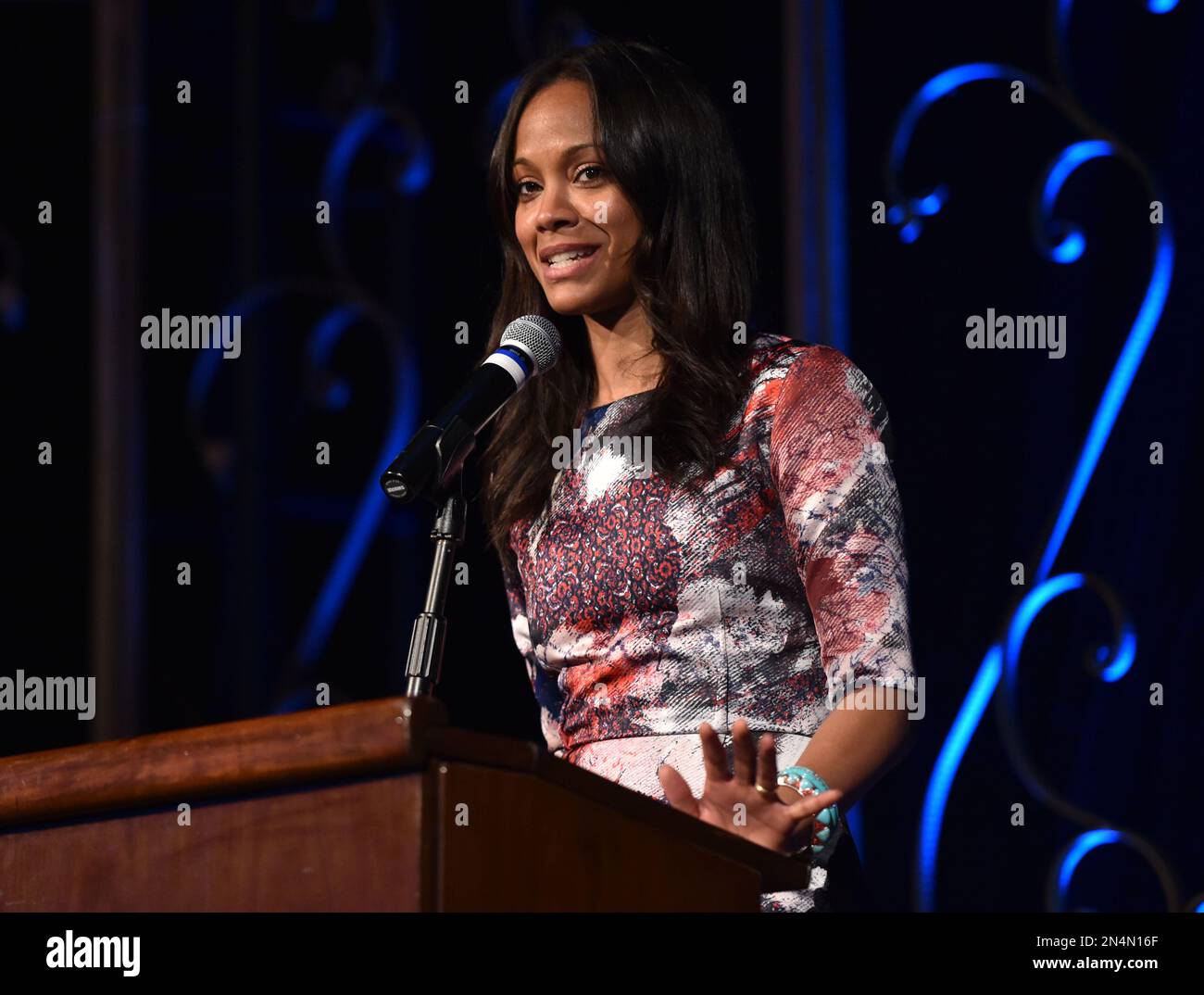 Zoe Saldana speaks at Grades of Green Verte 2014 at MBS Media Campus on ...