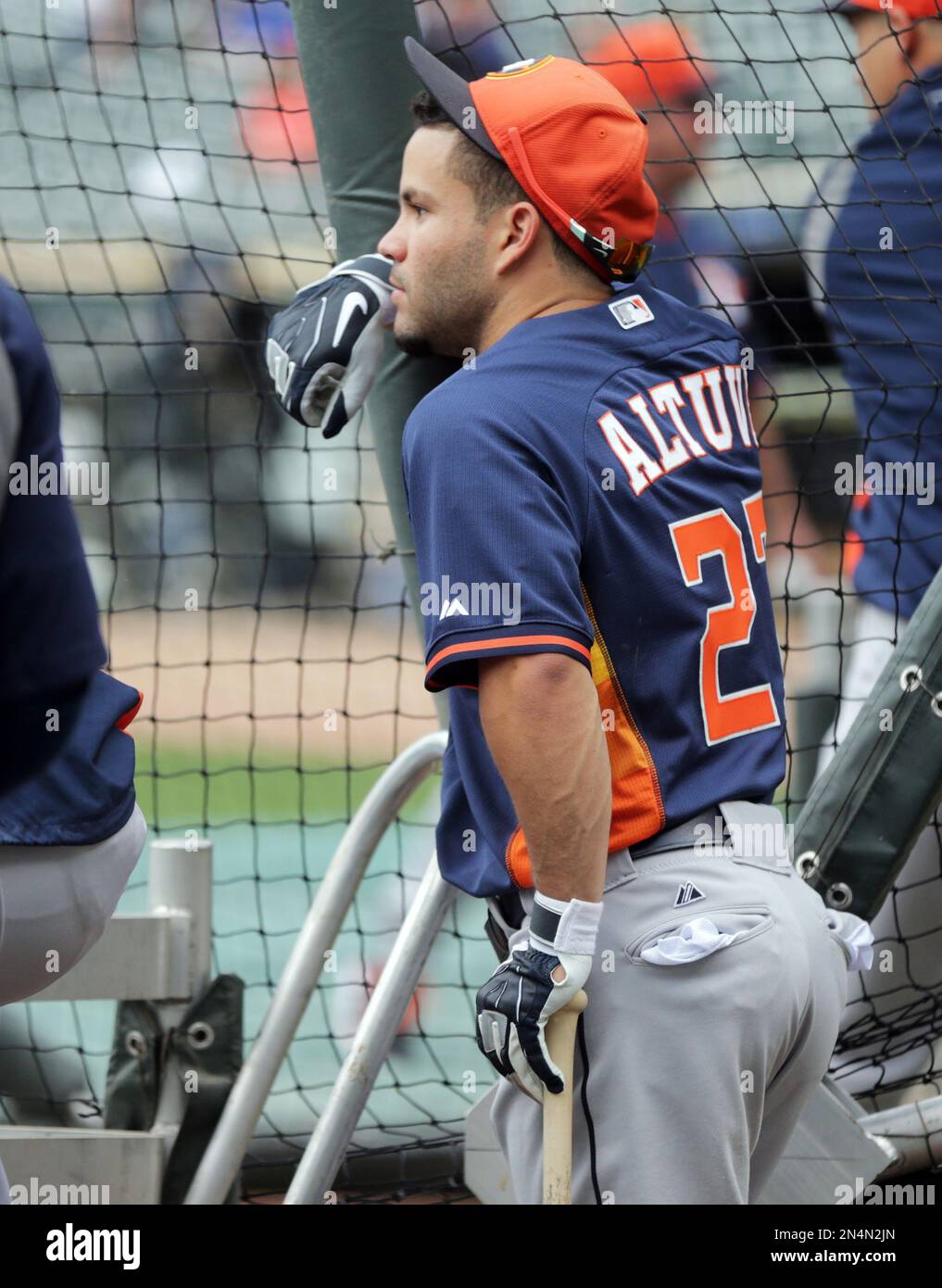 Houston Astros second baseman Jose Altuve waits his turn at the batting ...