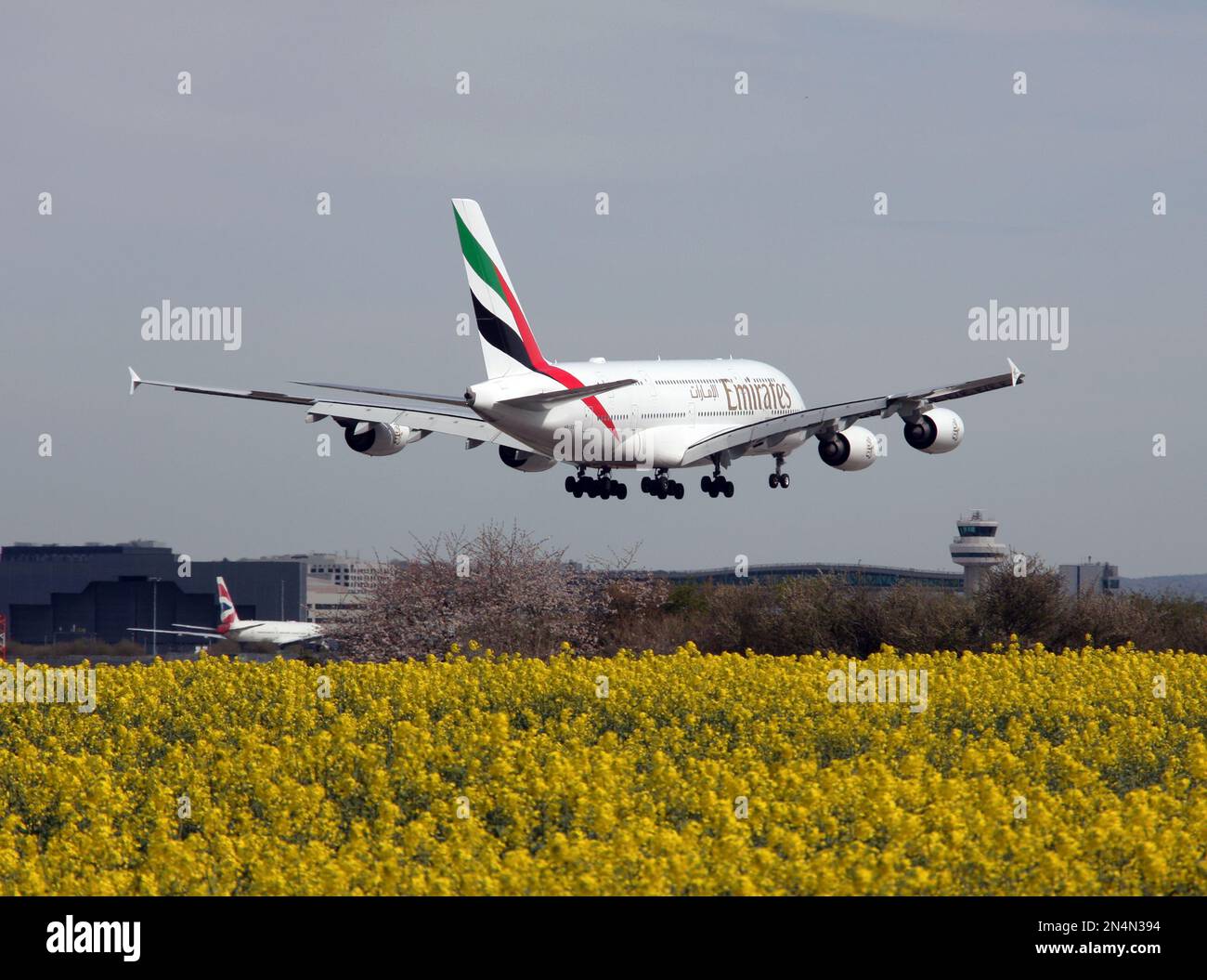 An Airbus A380 superjumbo of Emirates about to land at London Gatwick ...
