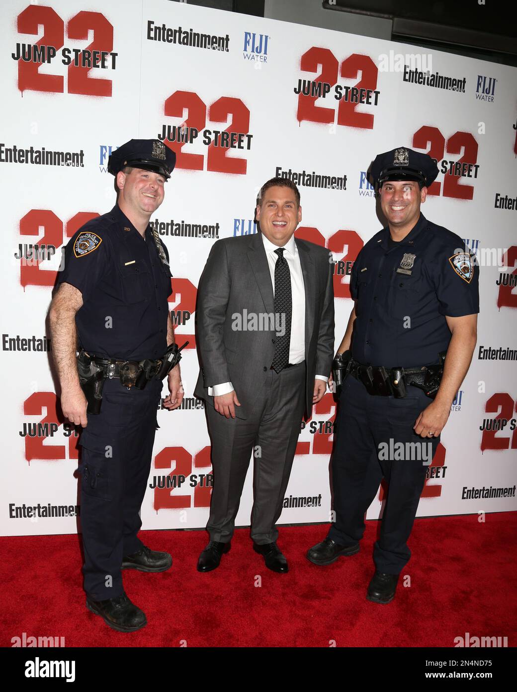 Actor Jonah Hill poses with NYPD police officers at the premiere of "22 ...