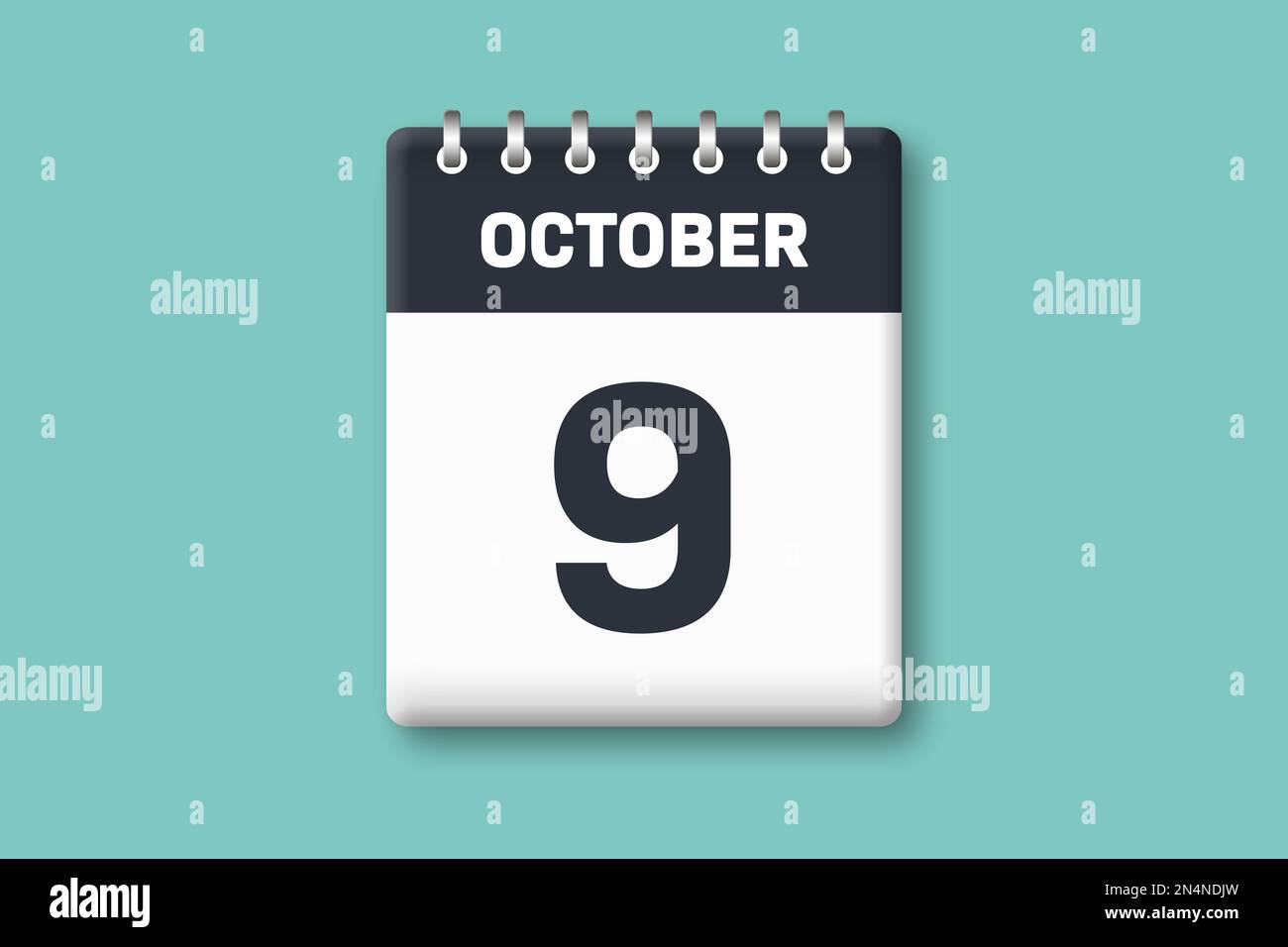 October 9 - Calender Page / Sheet with Date - 9th of October on Cyan ...