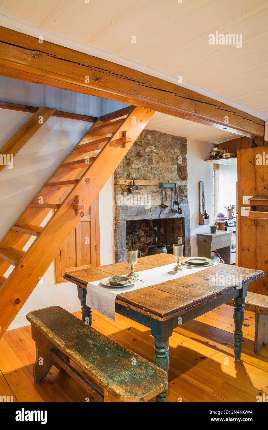 Antique pinewood butterfly table from 1850s set with pewter dining ...