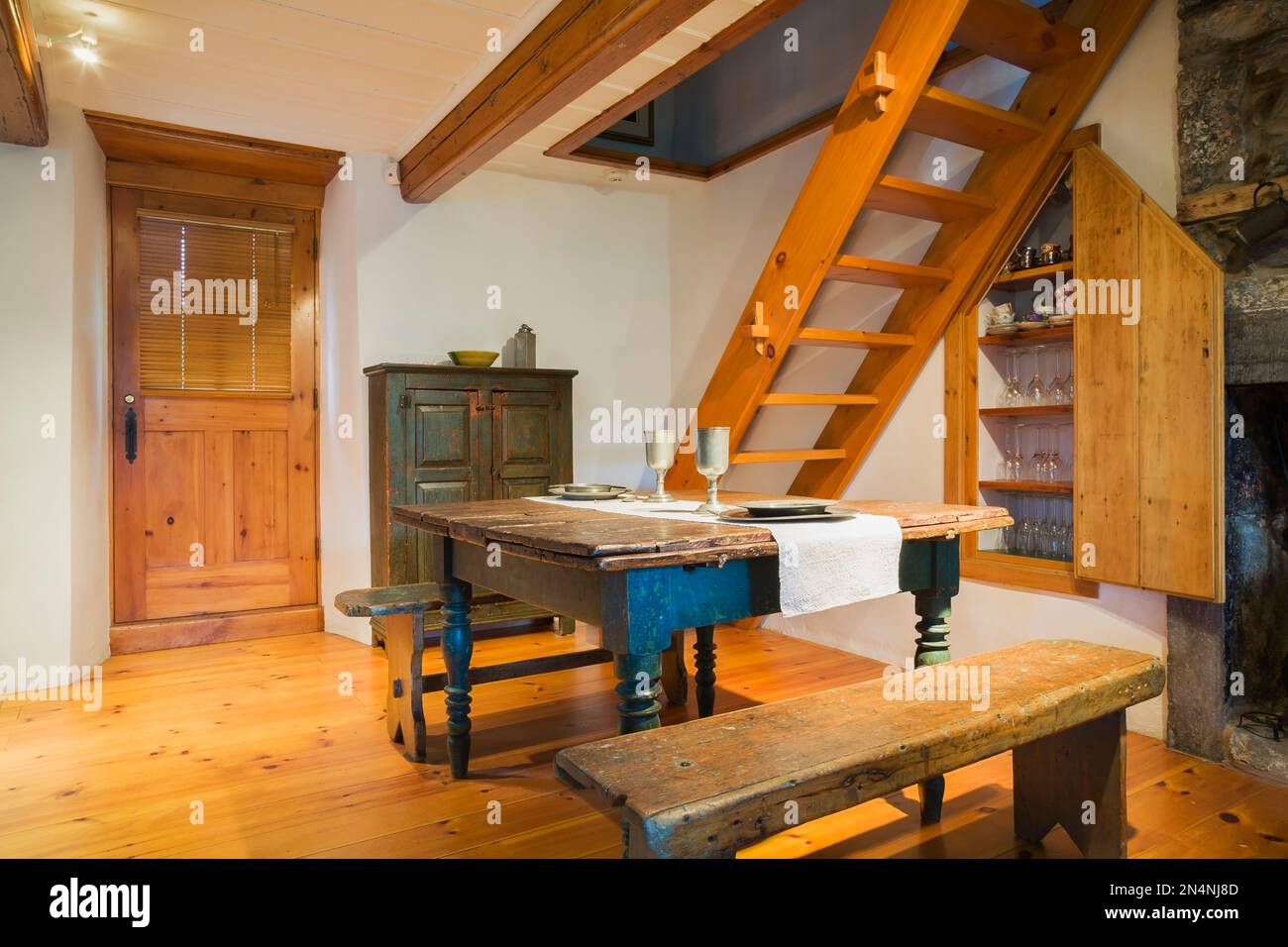 Antique pinewood butterfly table from 1850s set with pewter dining ...