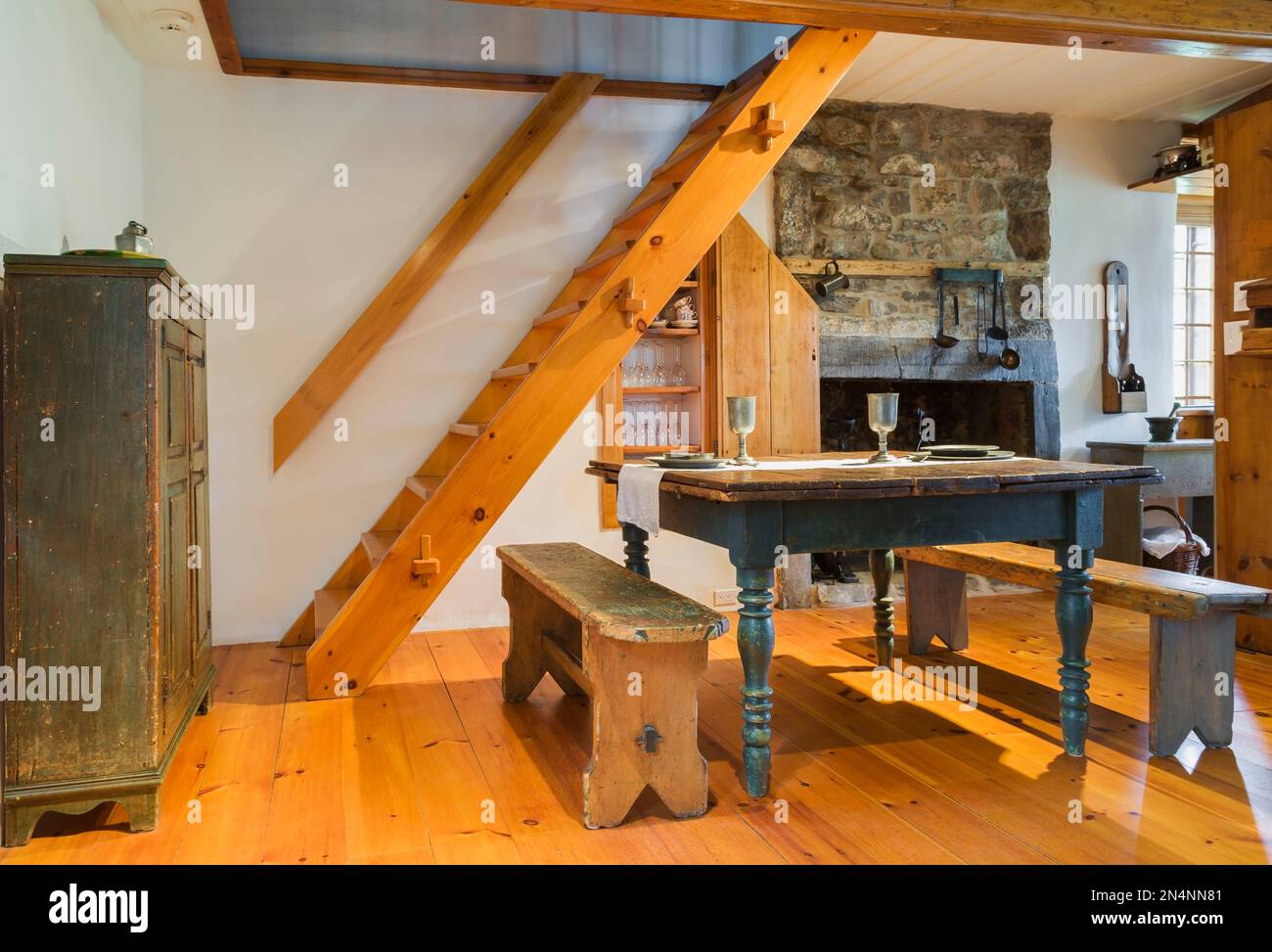 Antique pine wood butterfly table from 1850s set with pewter dining ...