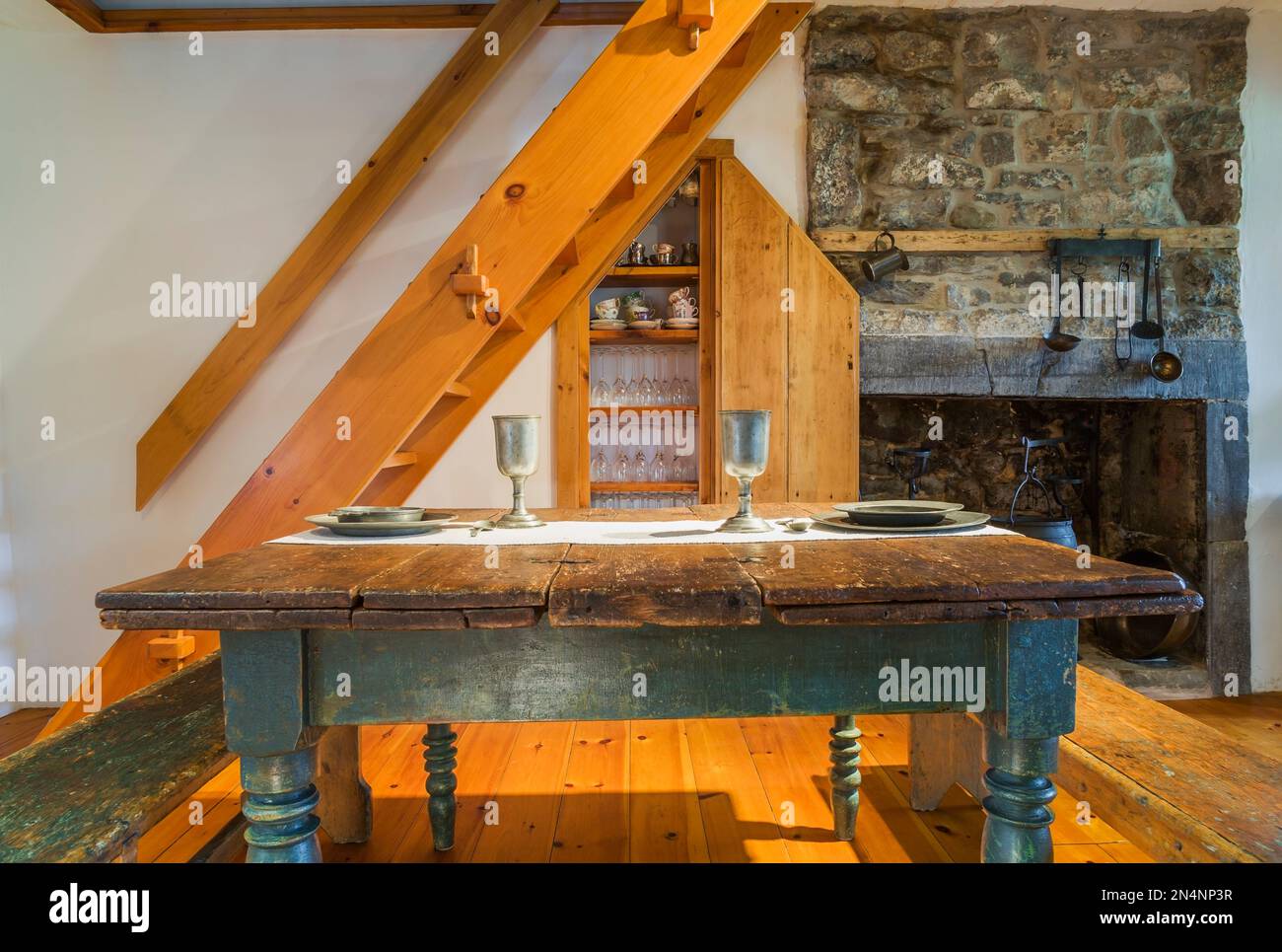 Antique pinewood butterfly table from 1850s set with pewter dining ...