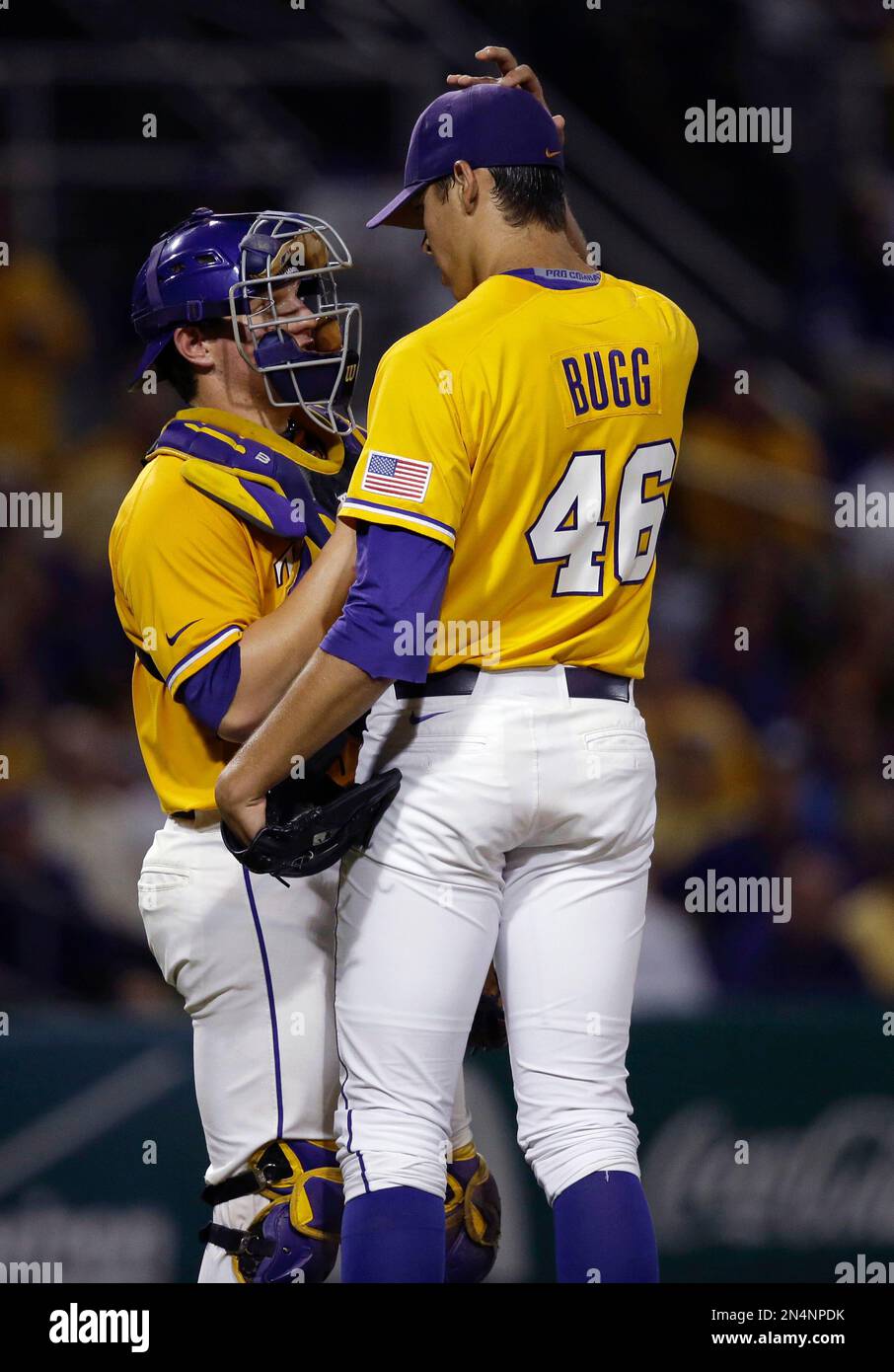 LSU pitcher Parker Bugg (46) talks with catcher Kade Scivicque in the ...
