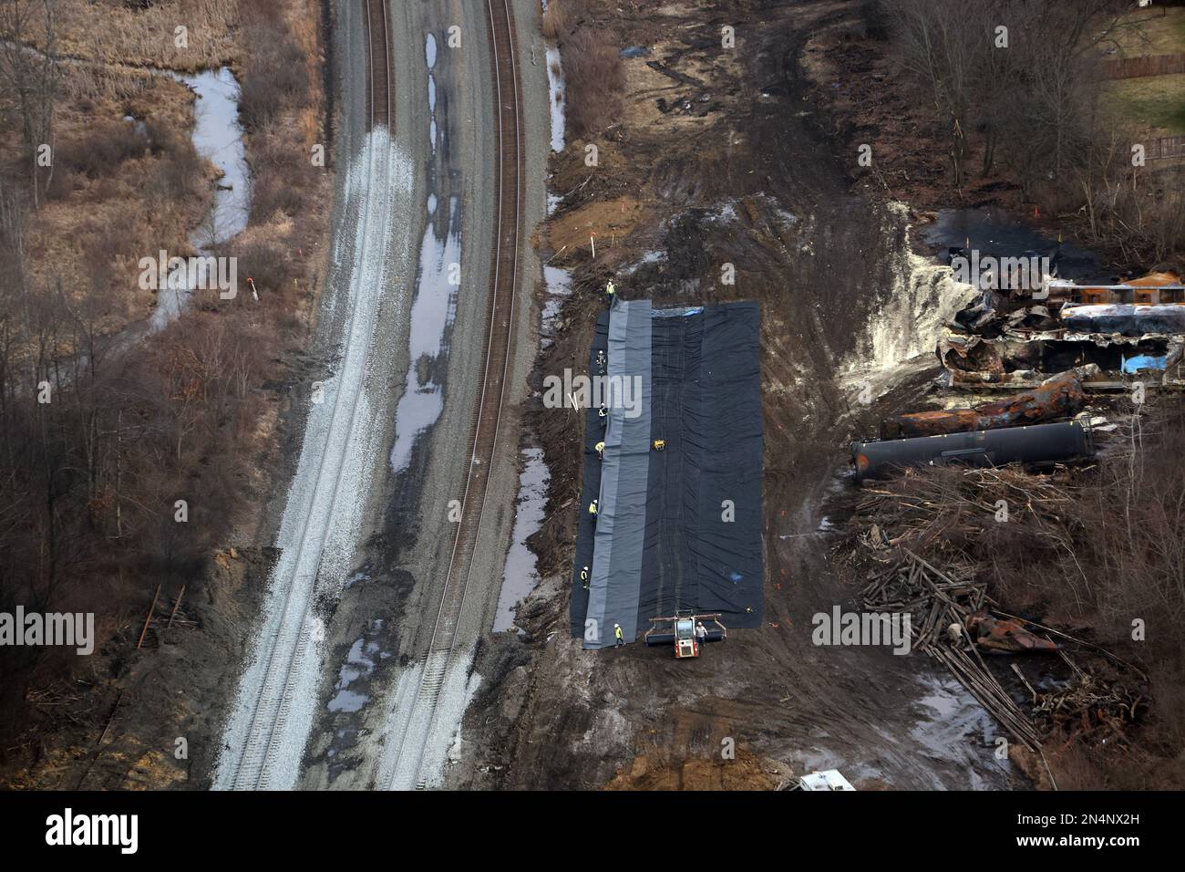 East Palestine, OH, USA. 8th Feb, 2023. Aerial view of a train ...