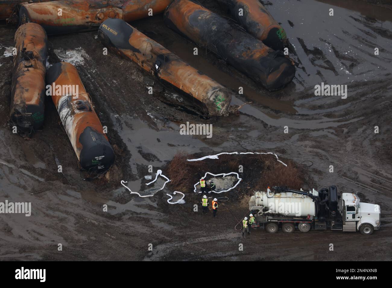 East Palestine, OH, USA. 8th Feb, 2023. Aerial view of a train ...