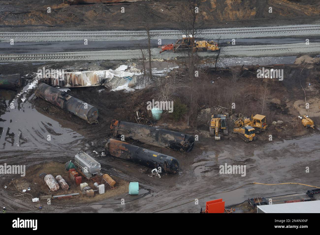 East Palestine, OH, USA. 8th Feb, 2023. Aerial view of a train ...