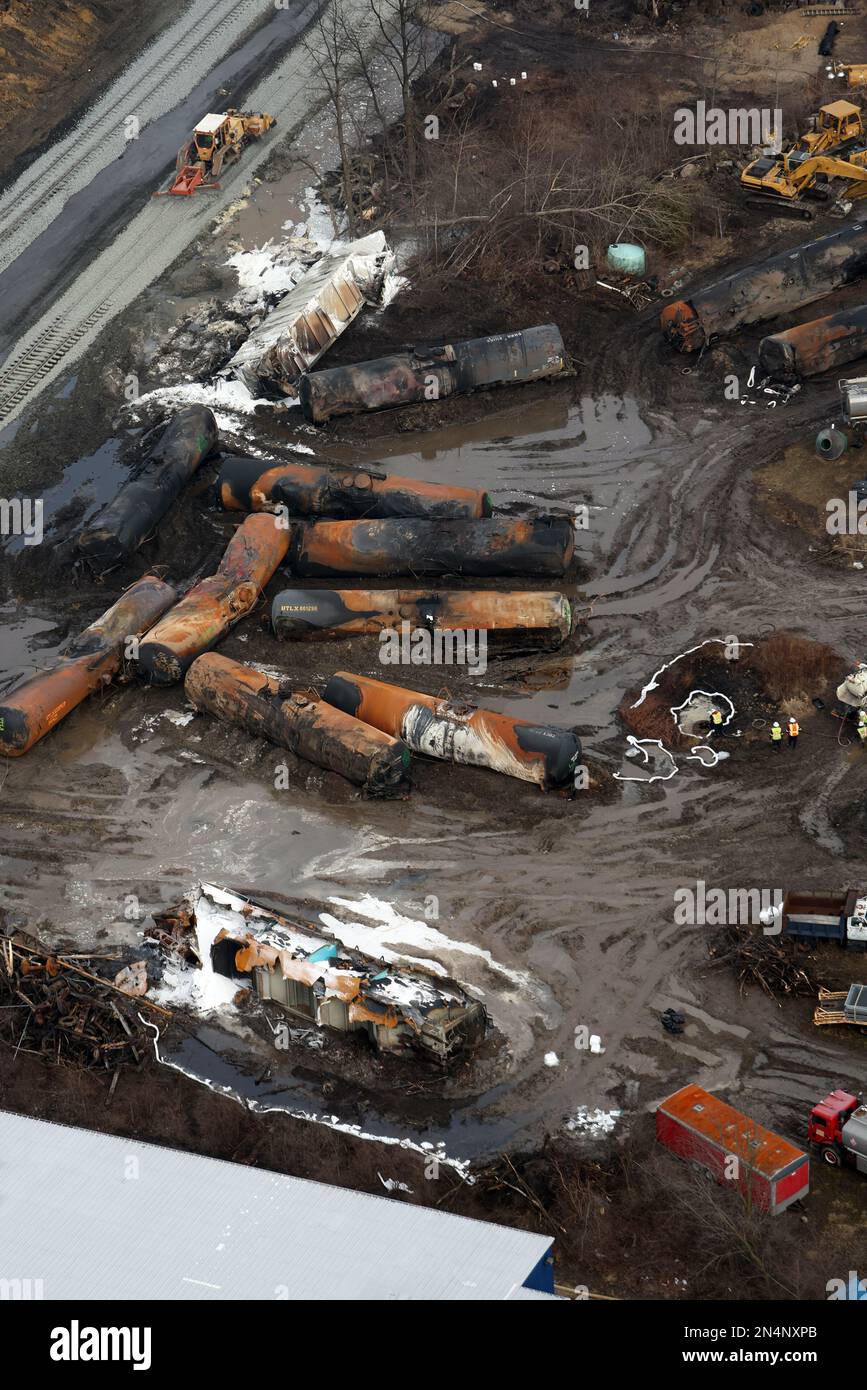 East Palestine, OH, USA. 8th Feb, 2023. Aerial view of a train ...