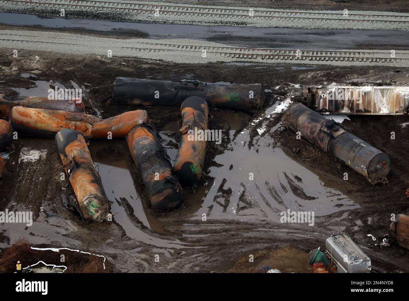 East Palestine, OH, USA. 8th Feb, 2023. Aerial view of a train ...