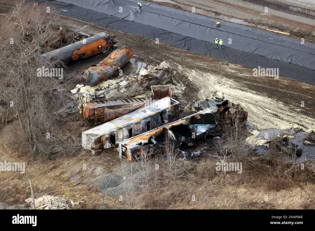 East Palestine, OH, USA. 8th Feb, 2023. Aerial view of a train ...