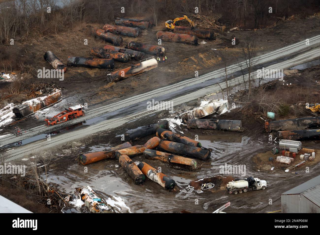 East Palestine, OH, USA. 8th Feb, 2023. Aerial view of a train ...