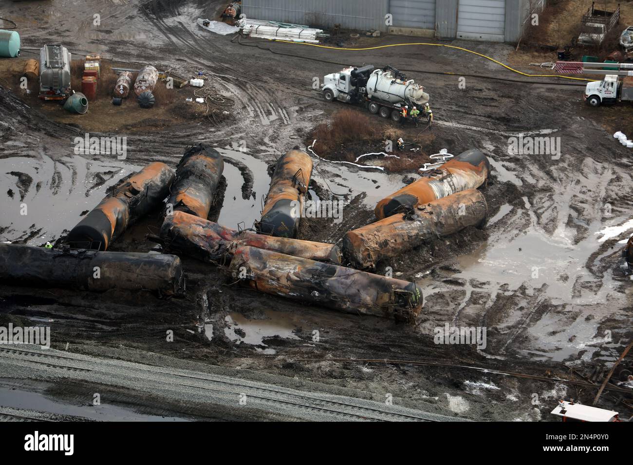 East Palestine, OH, USA. 8th Feb, 2023. Aerial view of a train ...