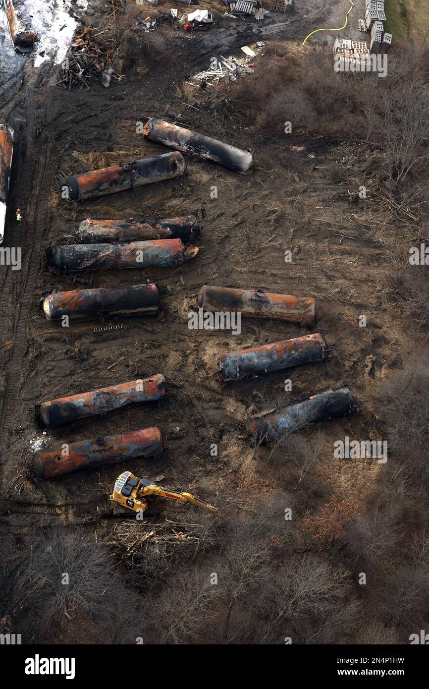 East Palestine, OH, USA. 8th Feb, 2023. Aerial view of a train ...
