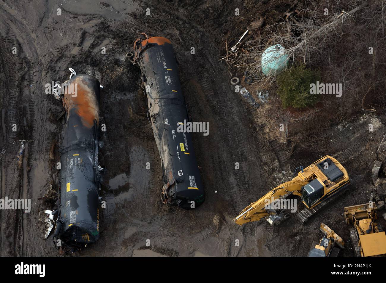 East Palestine, OH, USA. 8th Feb, 2023. Aerial view of a train ...