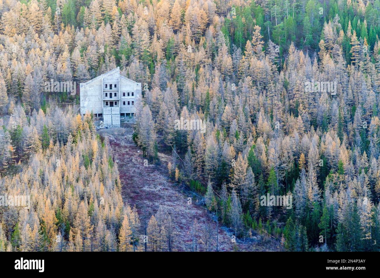 An abandoned hotel in a mountain place in Yakutia stands in a forest on ...