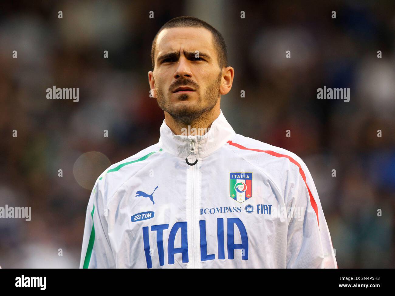 Italy's Leonardo Bonucci looks on during a line-up before the start of ...