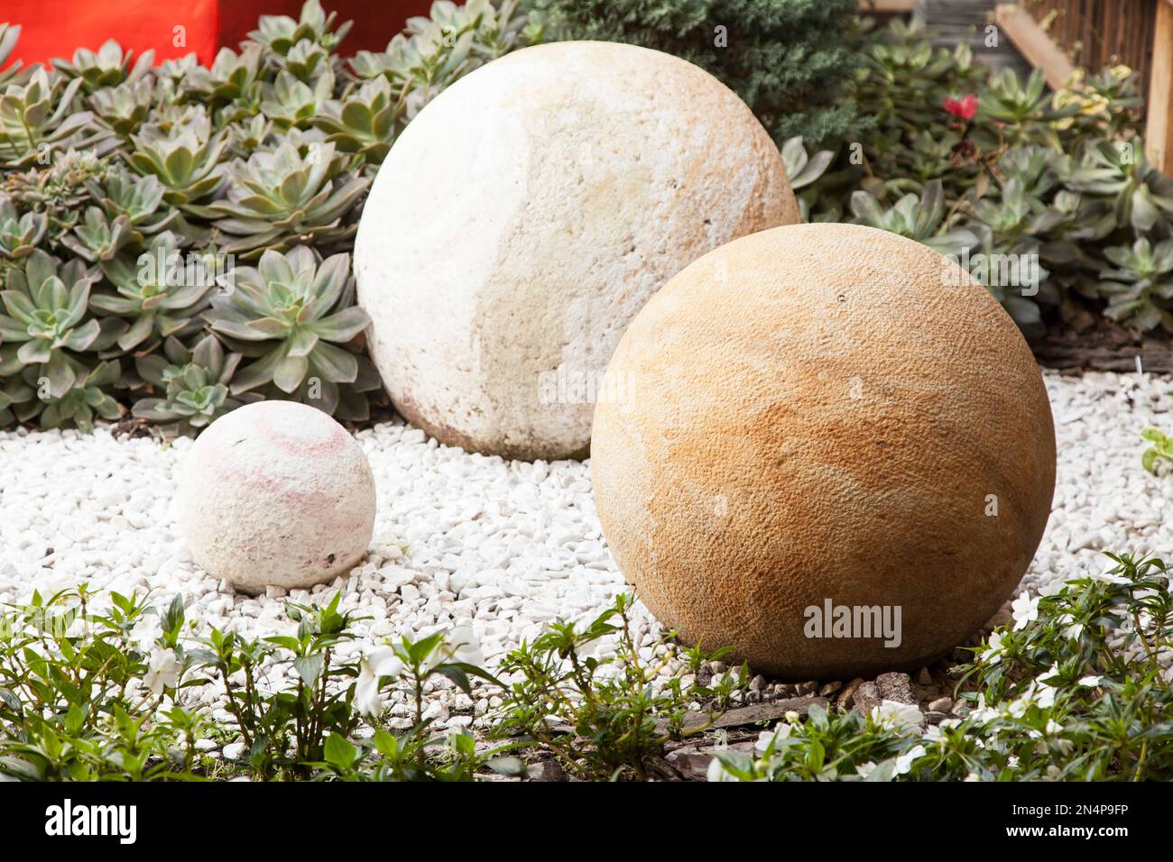 Round stones different sizes and colors decorating the garden Stock ...