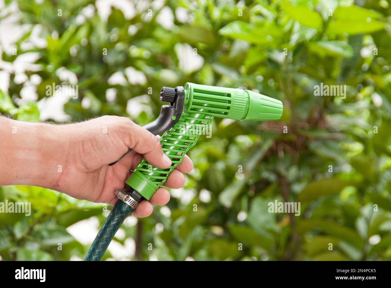 Water sprinkler gun for garden hose; Green plants background Stock ...