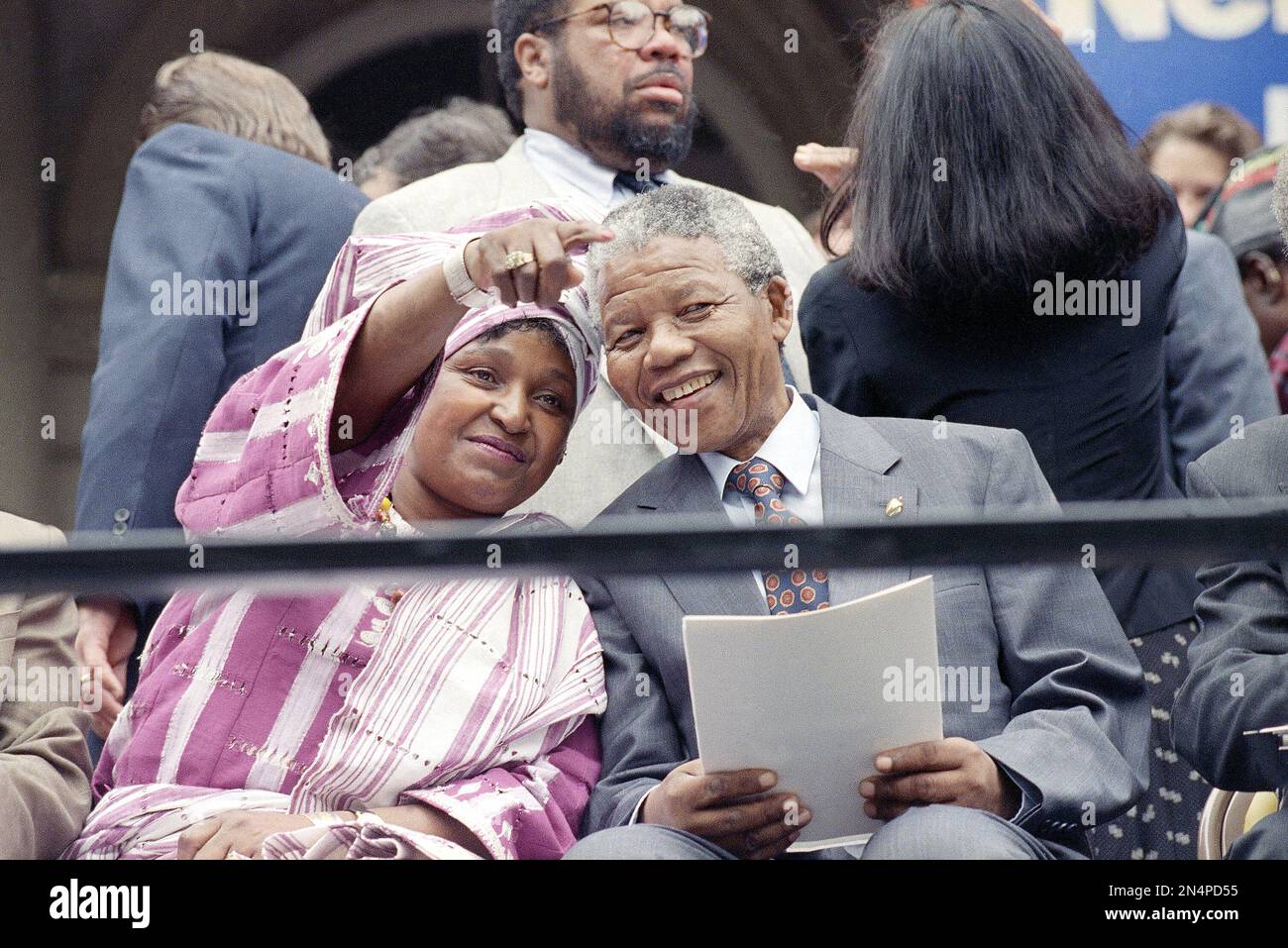 FILE - This June 20, 1990 file photo shows Winnie Mandela pointing out ...