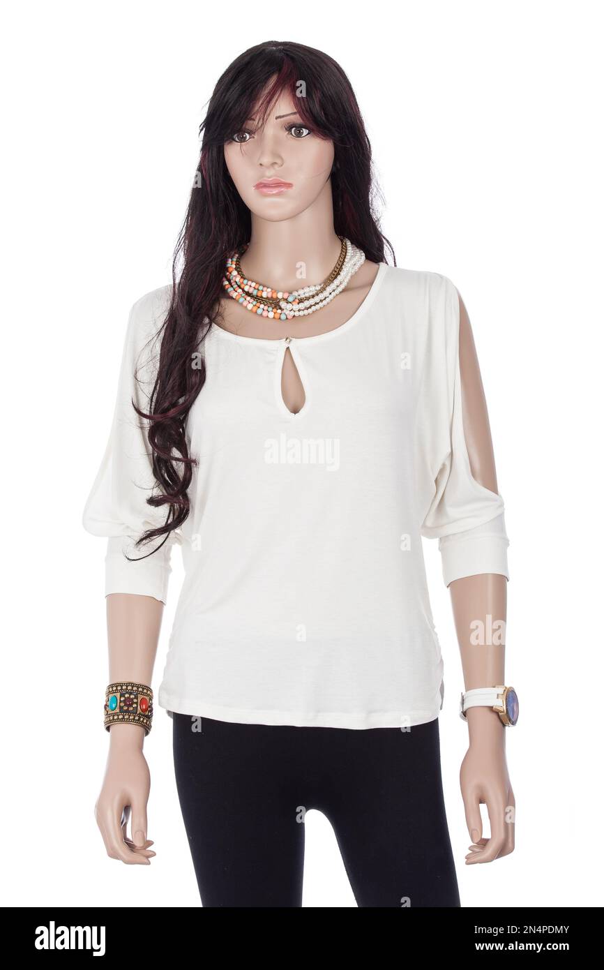Female mannequin dressed with white blouse on white background Stock ...
