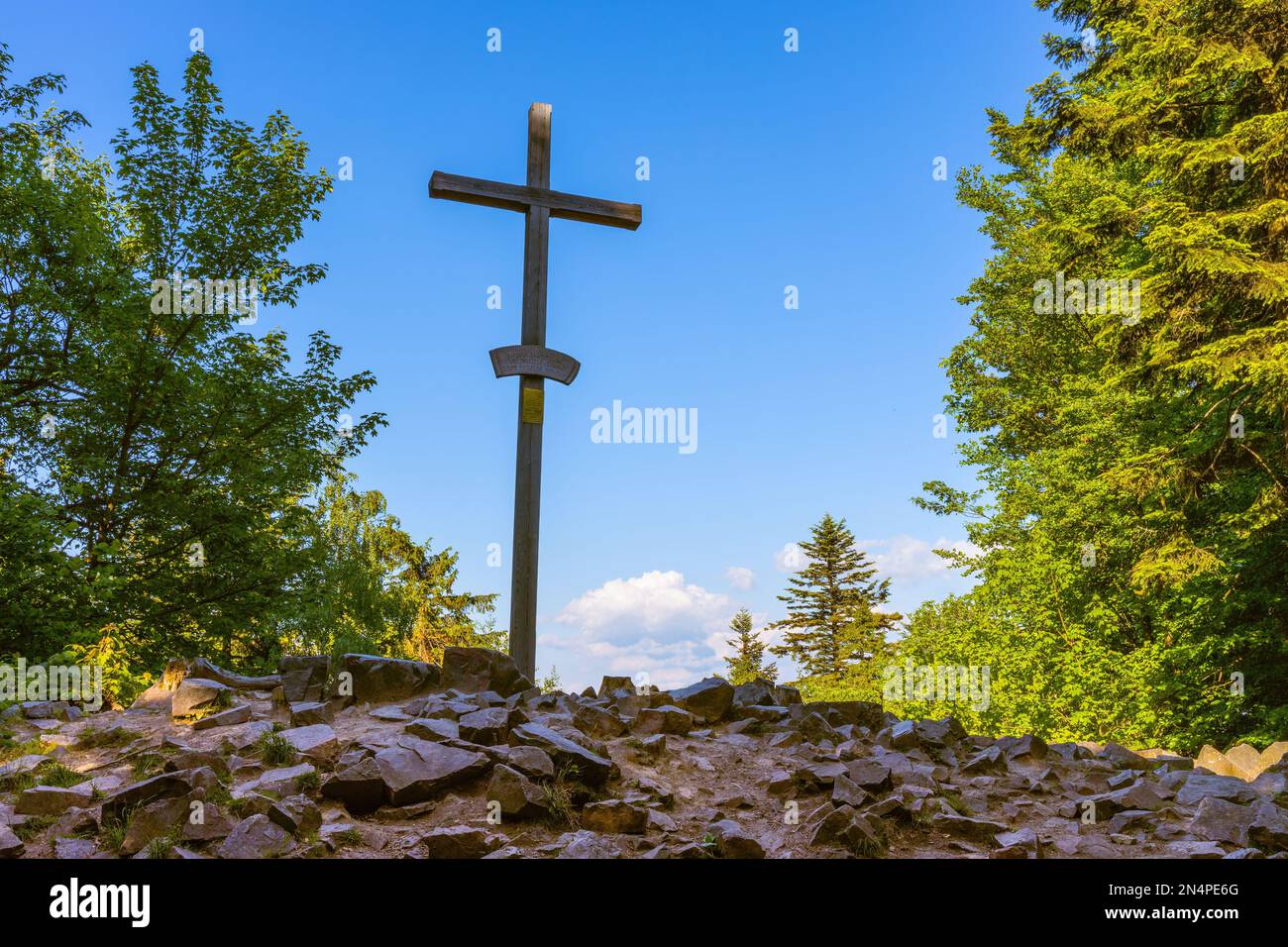 Lysica Mount peak with memorial cross near Swieta Katarzyna village and ...