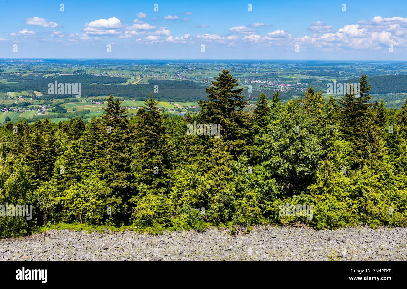 Panorama of Gory Swietokrzyskie Mountains and valleys with Goloborze ...