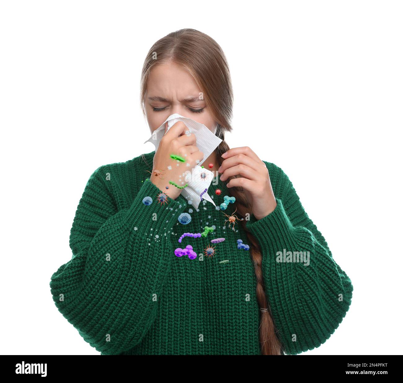 Young woman suffering from cold on white background. Microbes spreading ...