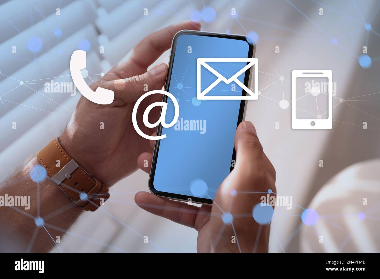 Hotline service. Man with smartphone indoors and different icons ...