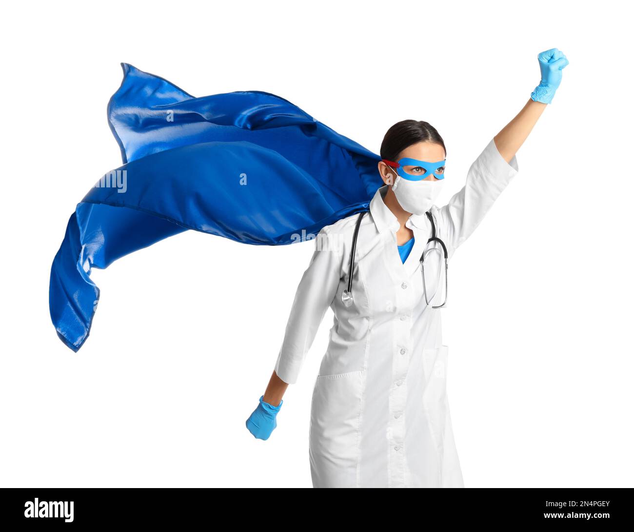 Doctor dressed as superhero posing on white background. Concept of ...