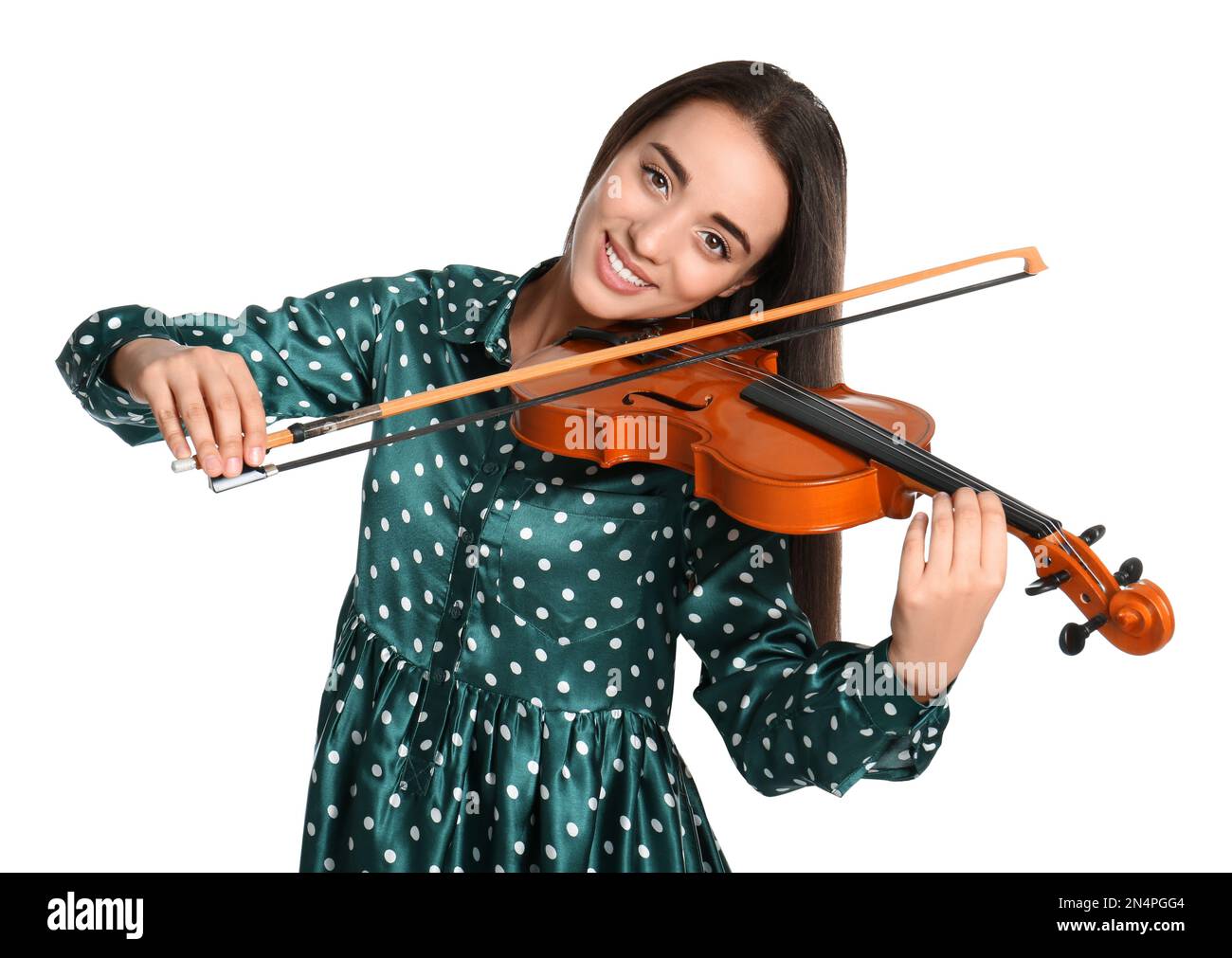 Beautiful woman playing violin on white background Stock Photo - Alamy