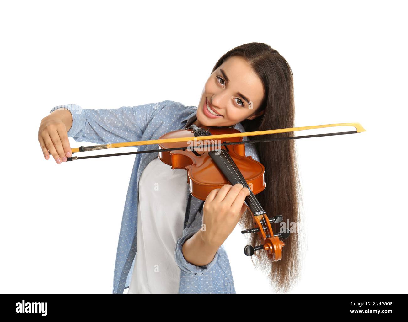 Beautiful woman playing violin on white background Stock Photo - Alamy