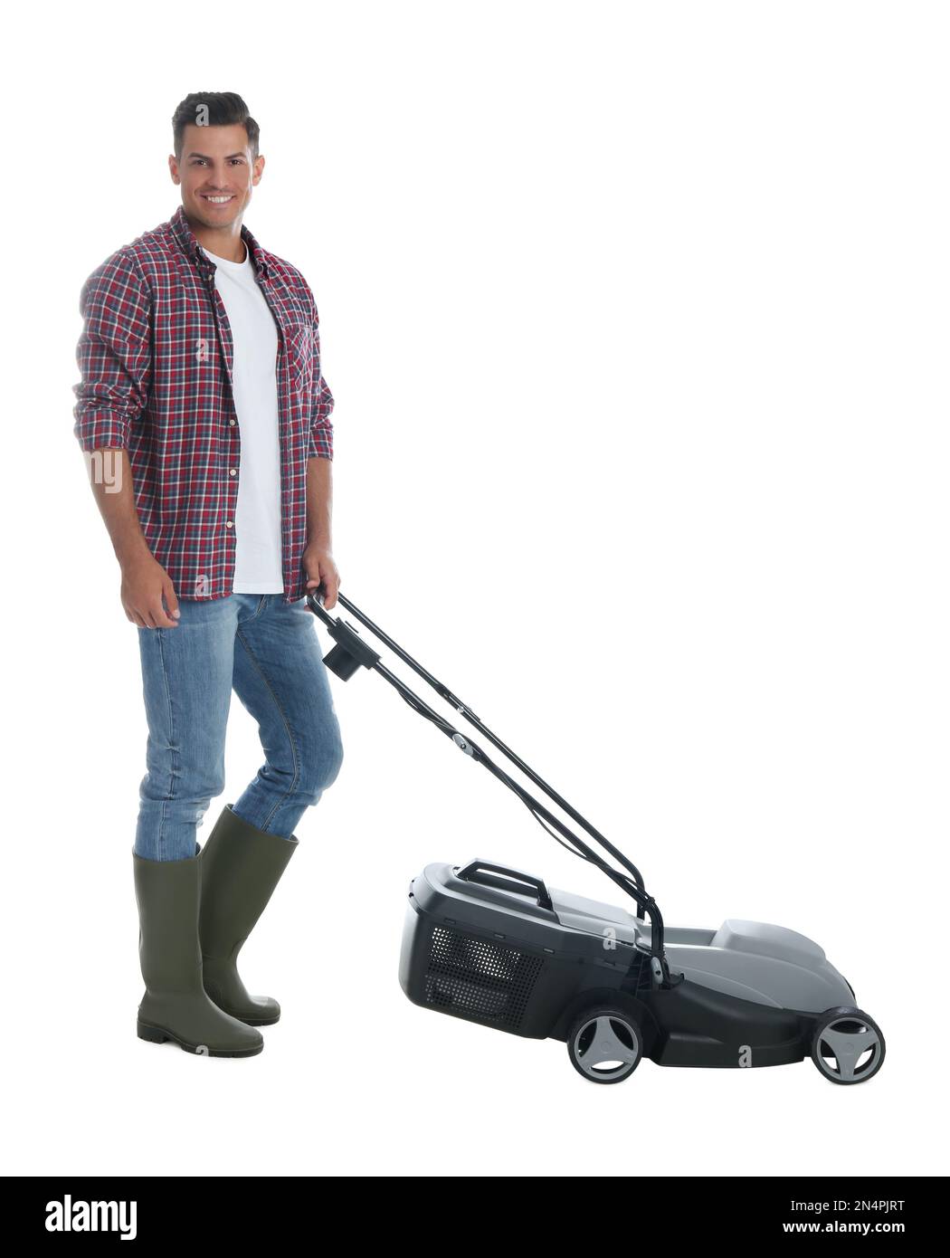 Man with modern lawn mower on white background Stock Photo - Alamy