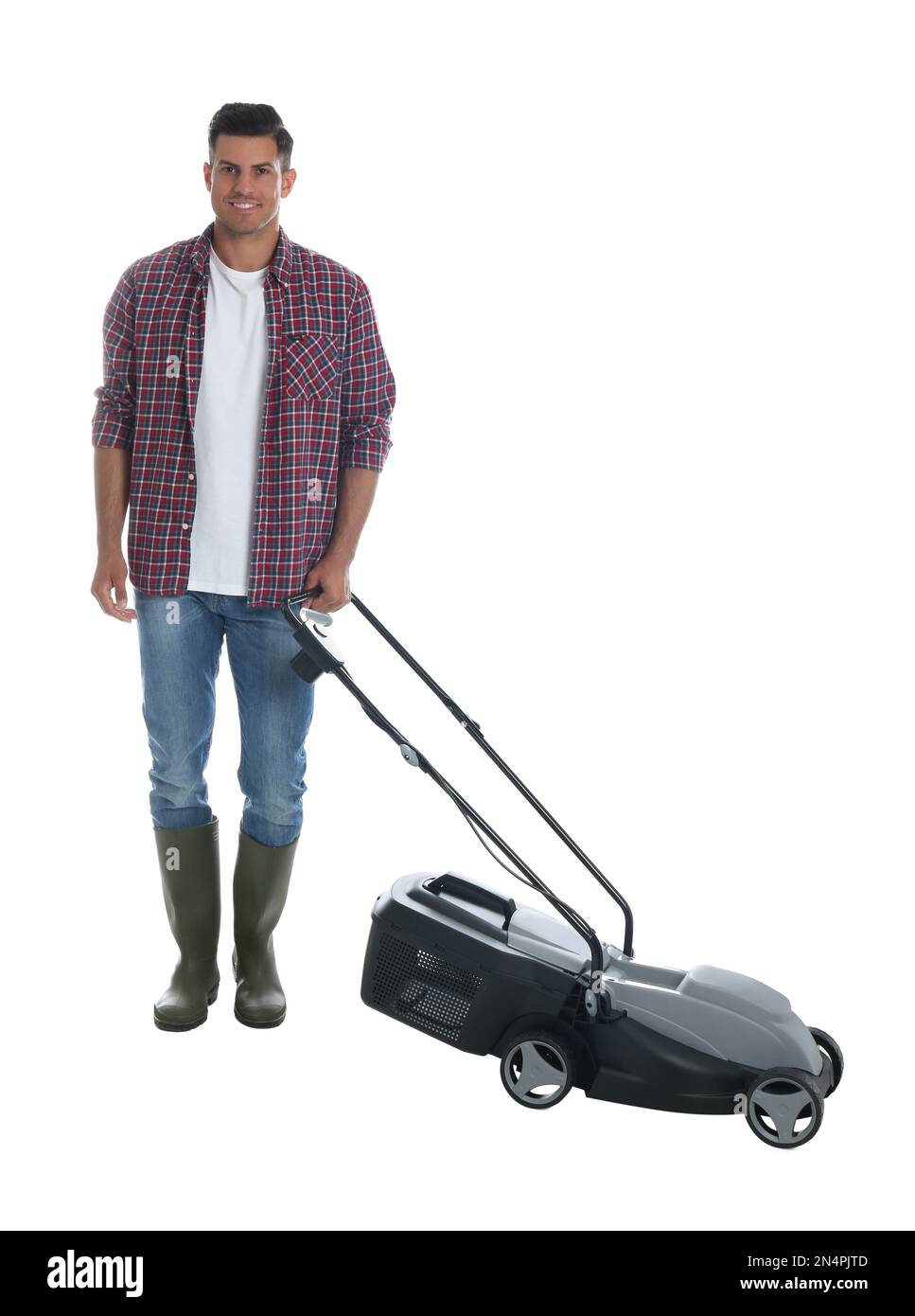 Man with modern lawn mower on white background Stock Photo - Alamy