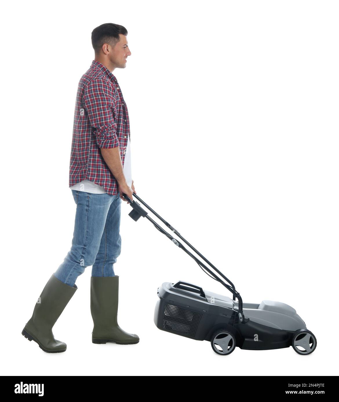Man with modern lawn mower on white background Stock Photo - Alamy
