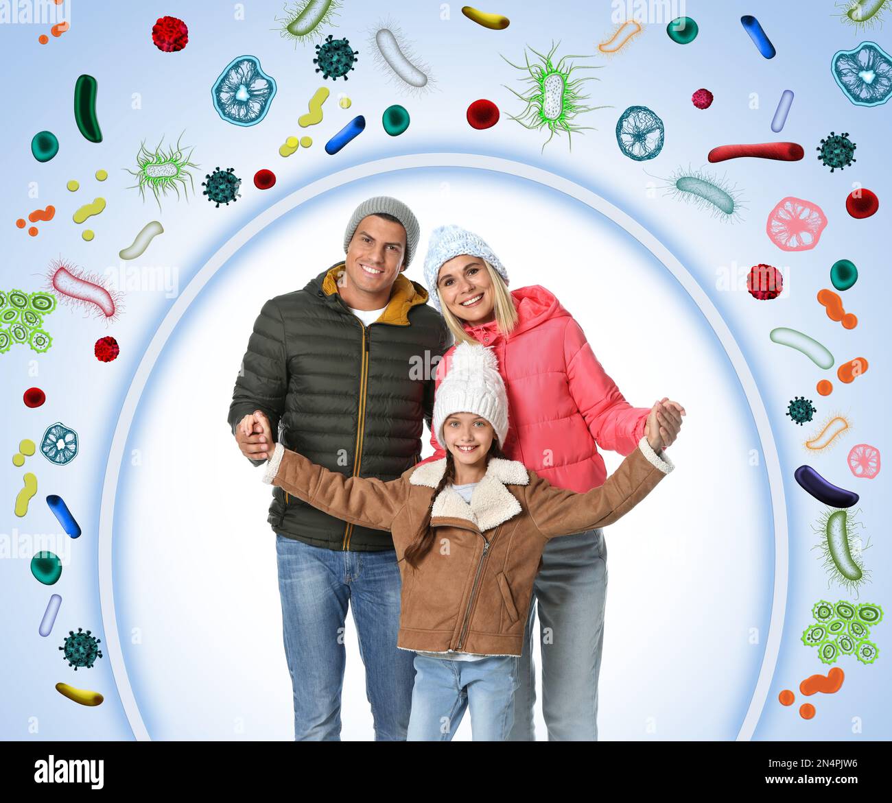 Strong immunity - healthy family. Happy parents with children protected ...