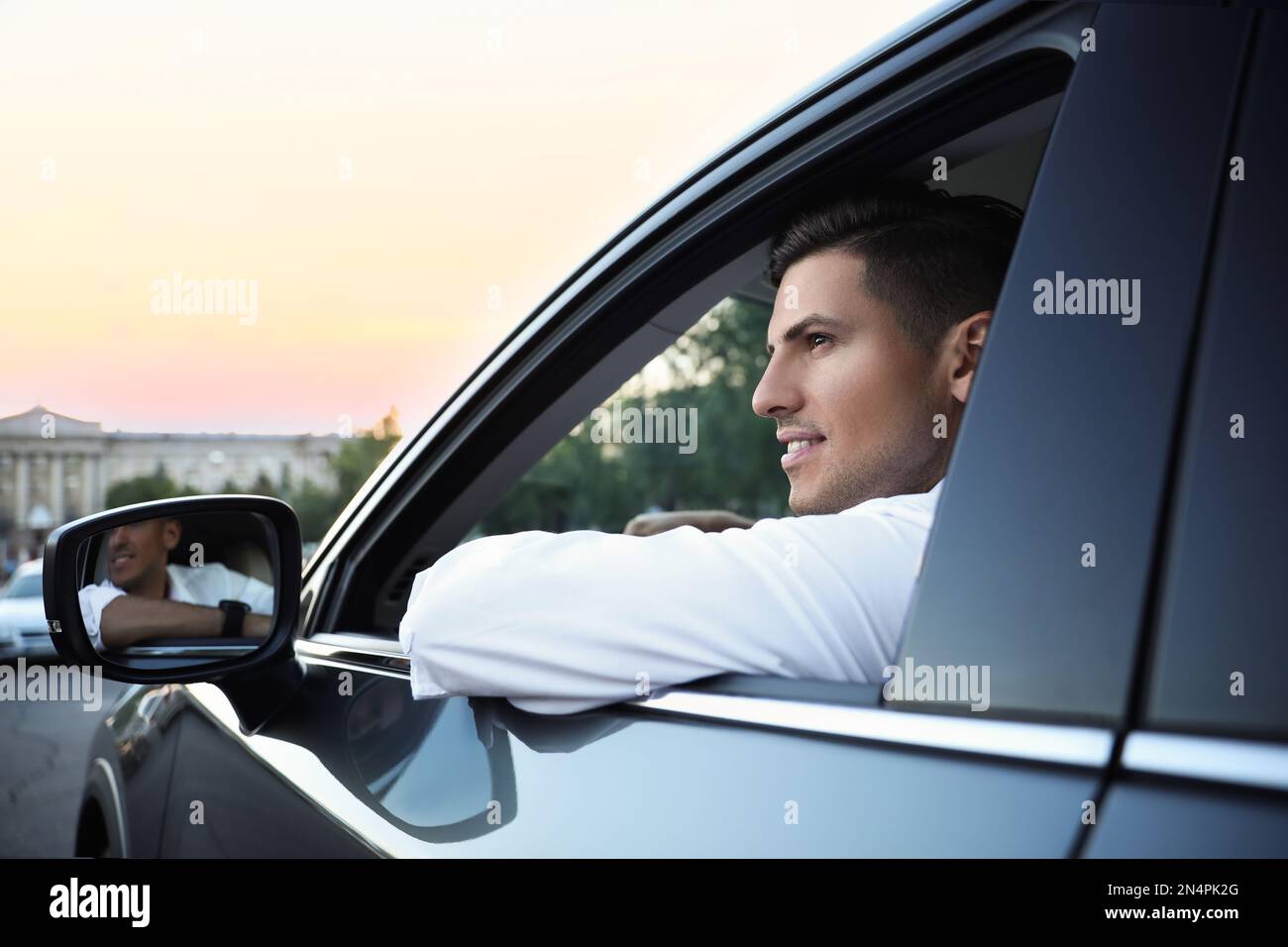 Handsome man in his modern car, view from outside Stock Photo - Alamy