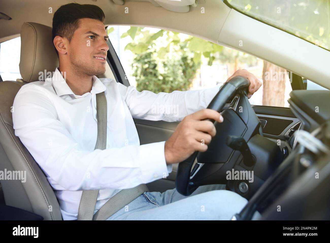 Male driver with fastened safety belt in car Stock Photo - Alamy