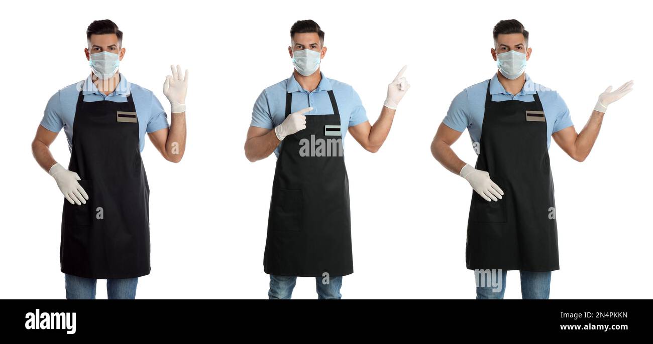 Collage with photos of waiter wearing medical mask on white background ...