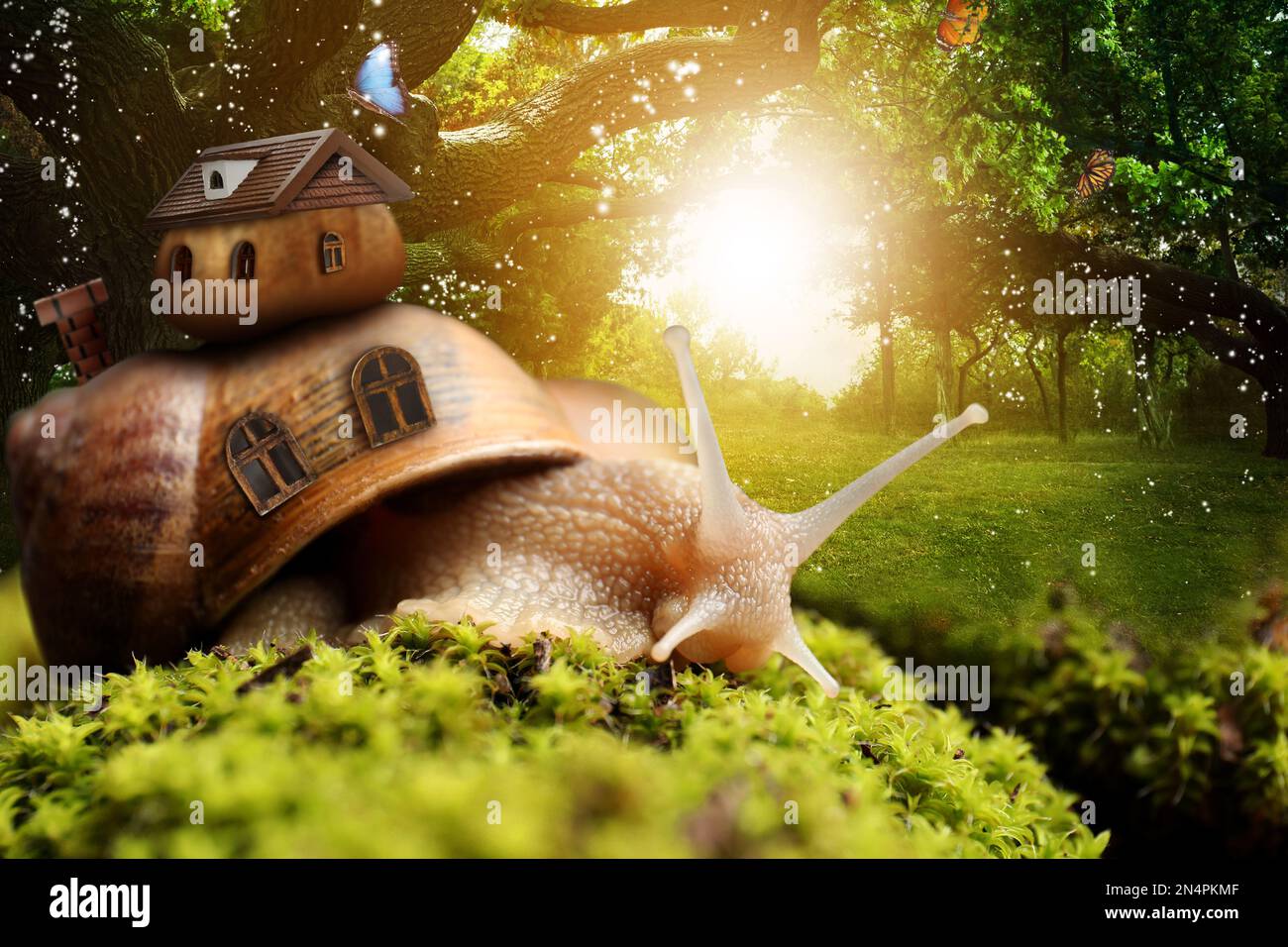 Fantasy world. Magic snail with its shell house moving in beautiful ...