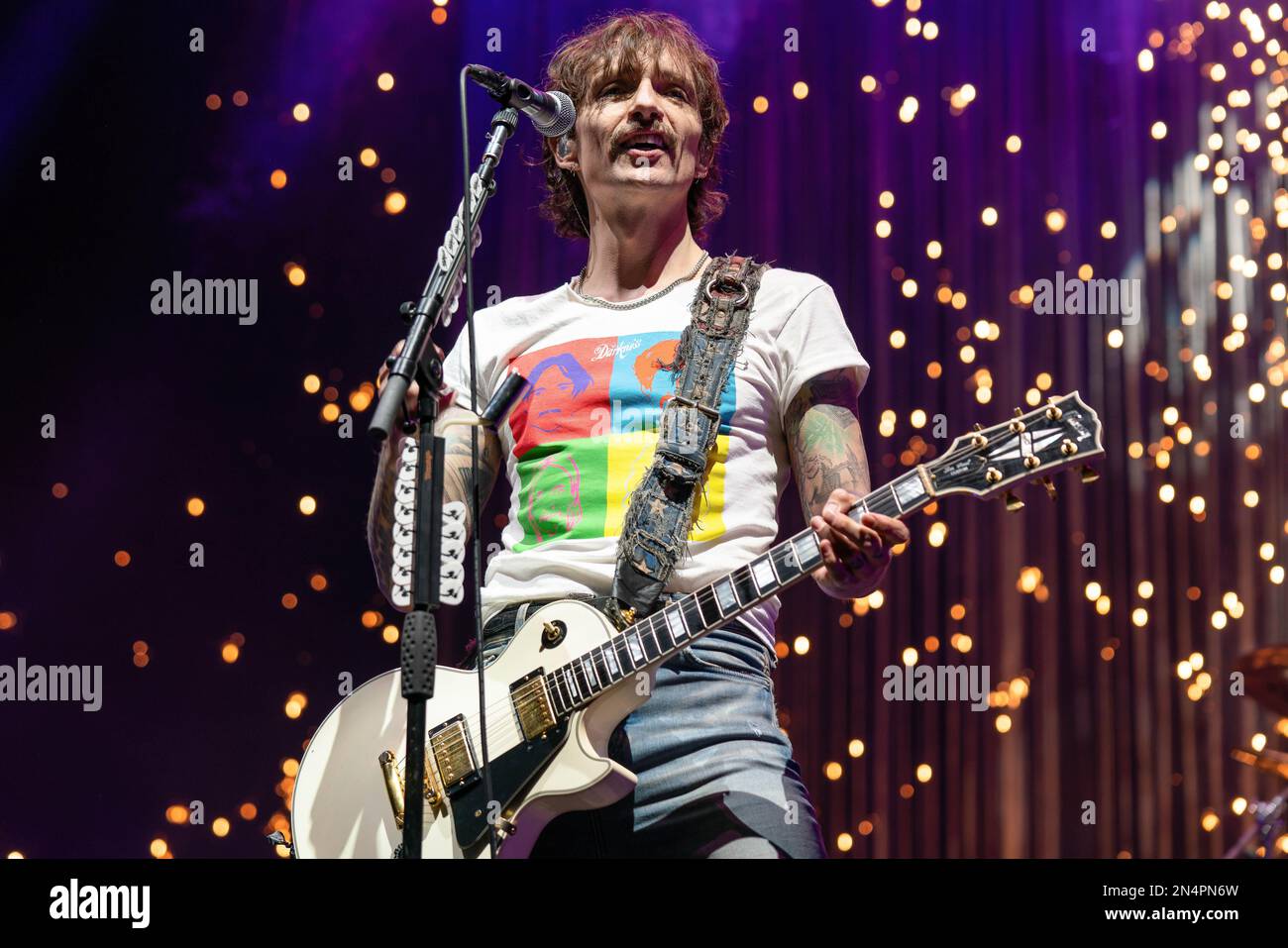 Justin Hawkins of The Darkness on stage at OVO Arena with guitar ...